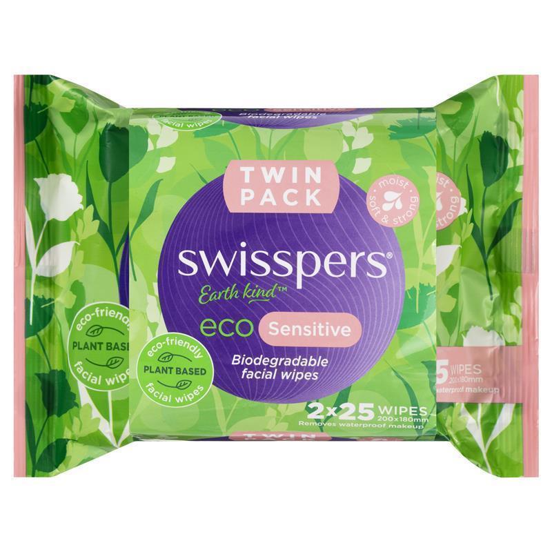Buy Swisspers Eco Sensitive Biodegradable Facial Wipes Twin Pack 2 x 25 ...