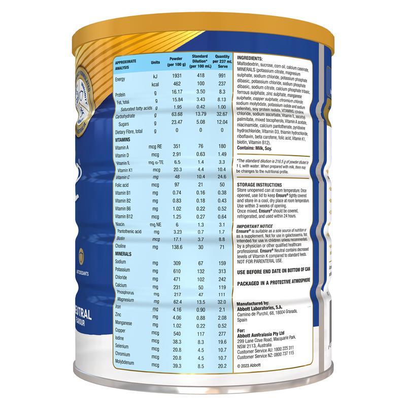 Buy Ensure Powder Neutral 850g online at Chemist Warehouse
