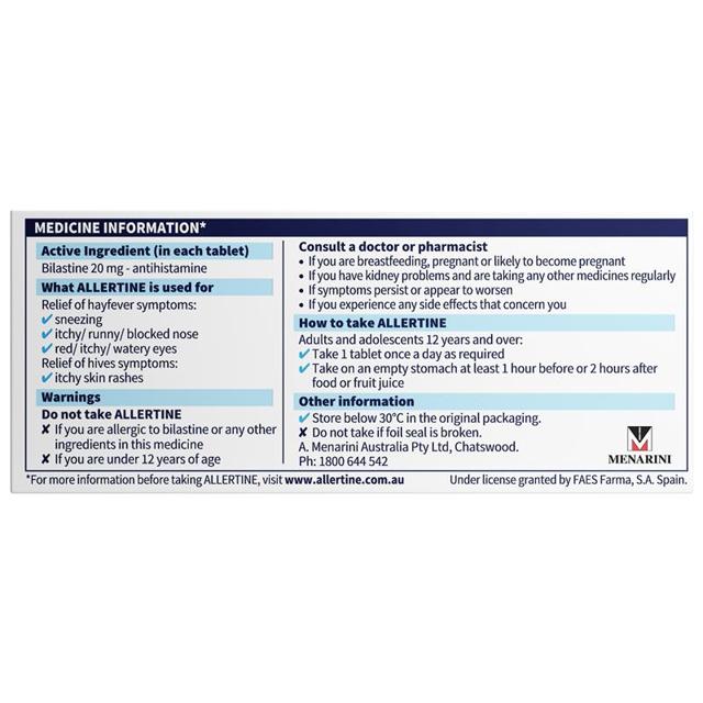 Buy Allertine 20mg 30 Tablets - Bilastine online at Chemist Warehouse