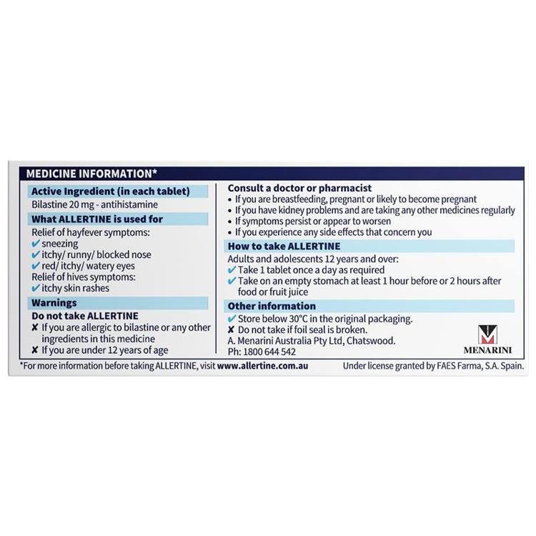 Buy Allertine 20mg 30 Tablets - Bilastine online at Chemist Warehouse