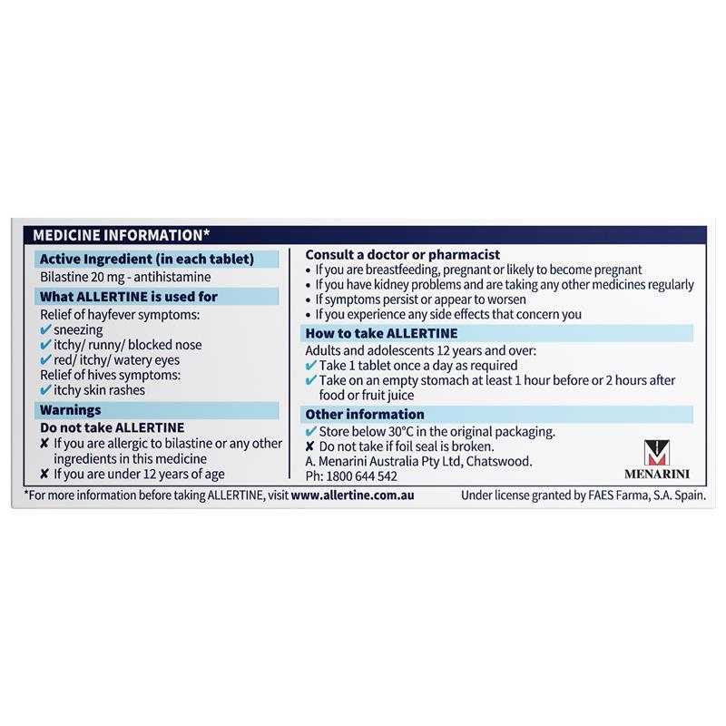Buy Allertine 20mg 10 Tablets - Bilastine online at Chemist Warehouse