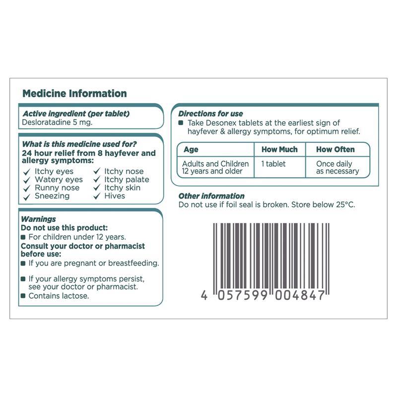 Buy Desonex Allergy & Hayfever 5mg 20 Tablets online at Chemist Warehouse