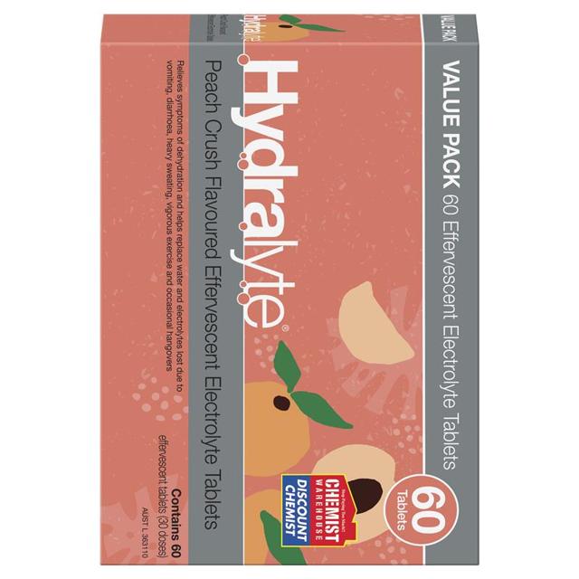 Buy Hydralyte Electrolyte Effervescent Peach Crush 60 Tablets Exclusive ...