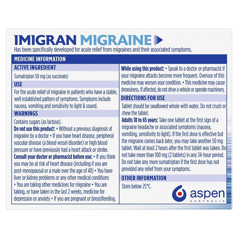 Buy Imigran Migraine 50mg 2 Tablets - Sumatriptan (S3) online at ...