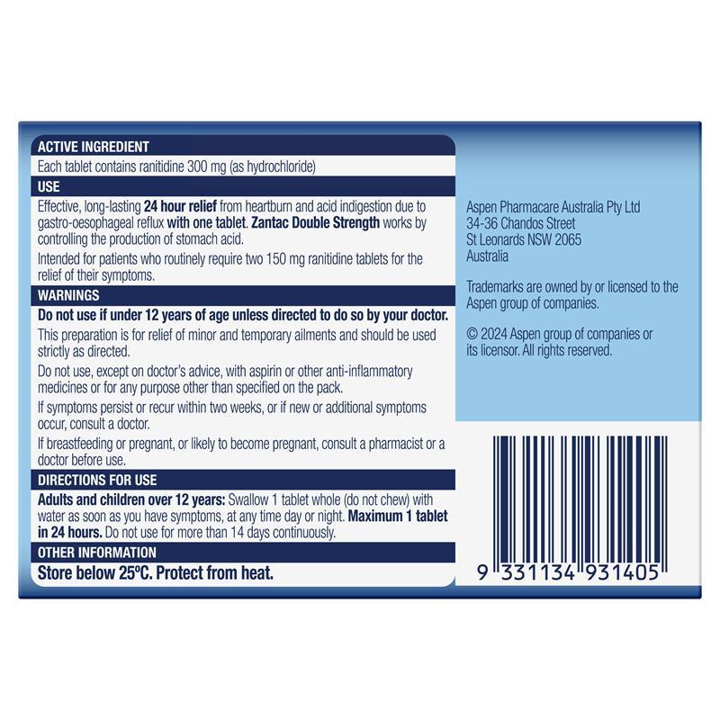 Buy Zantac Double Strength 24 Hour 300mg 14 Tablets online at Chemist ...