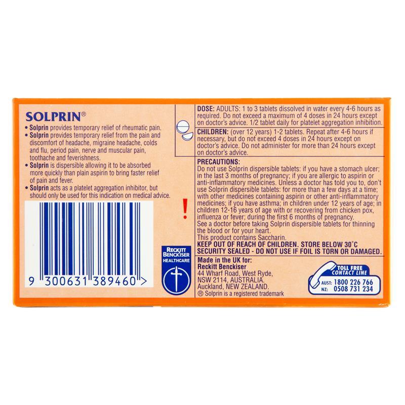 Buy Solprin Pain and Fever Relief Dispersible Tablets 300mg Aspirin 96 ...
