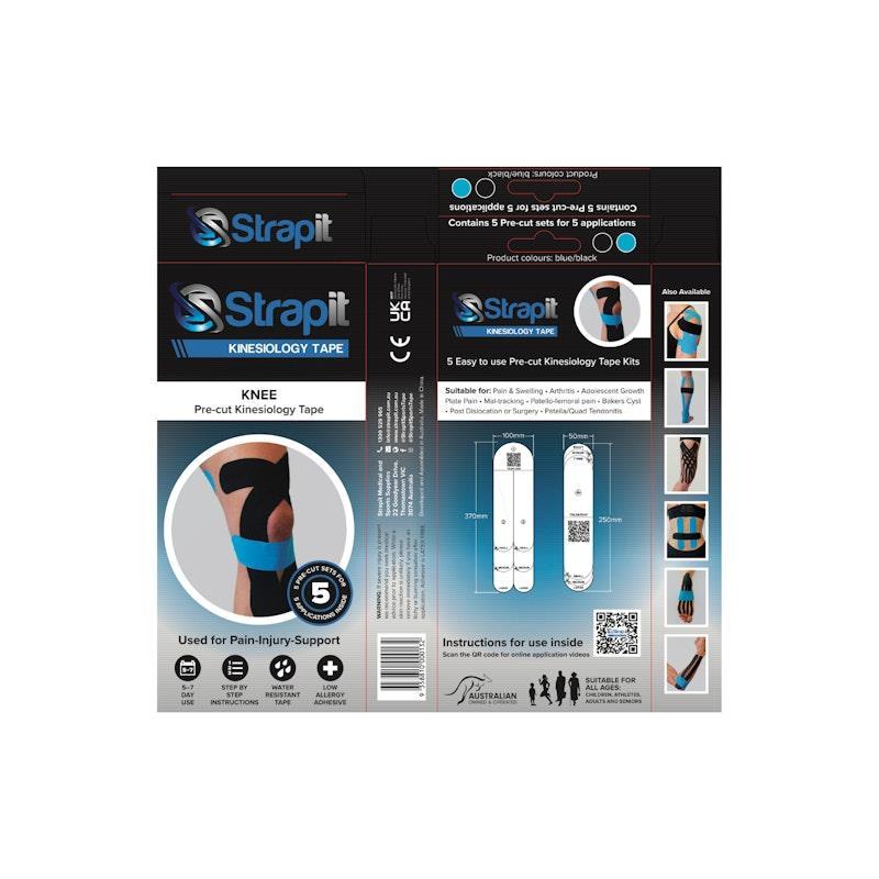 Buy Strapit Knee Precut Kinesiology Tape - BLACK/BLUE - Box of 5 2 Pack ...