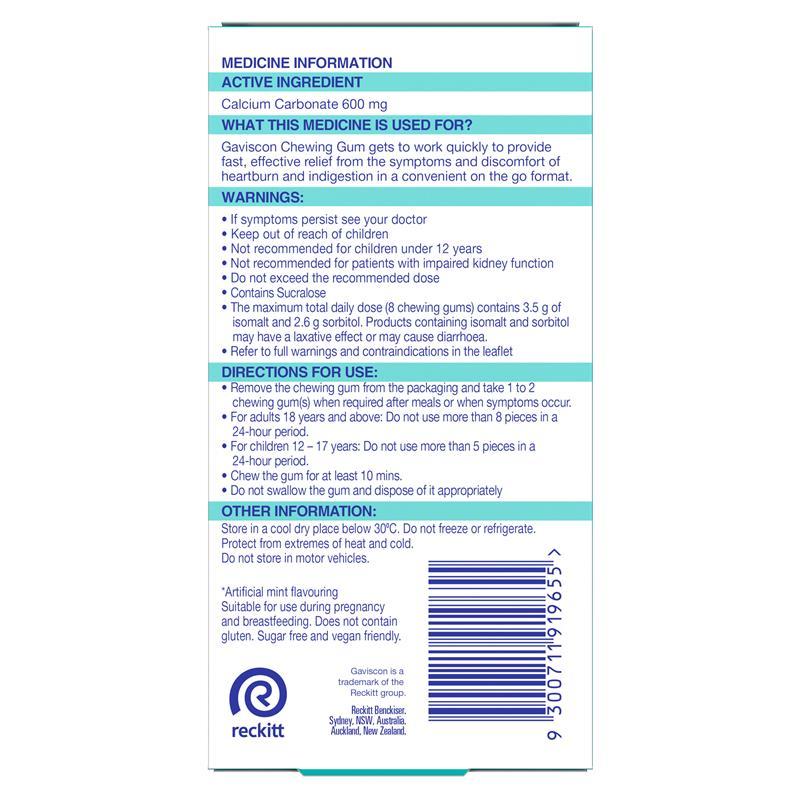 Buy Gaviscon Chewing Gum Cool Mint 20 Gums online at Chemist Warehouse