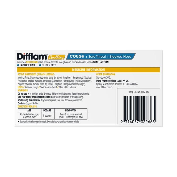 Buy Difflam Soothing Cough + Sore Throat + Blocked Nose Honey Lemon 16 ...