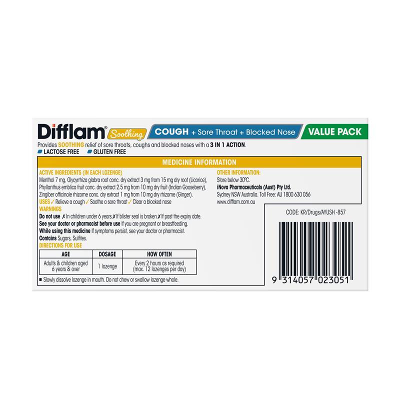 Buy Difflam Soothing Cough + Sore Throat + Blocked Nose Honey Lemon 32 ...