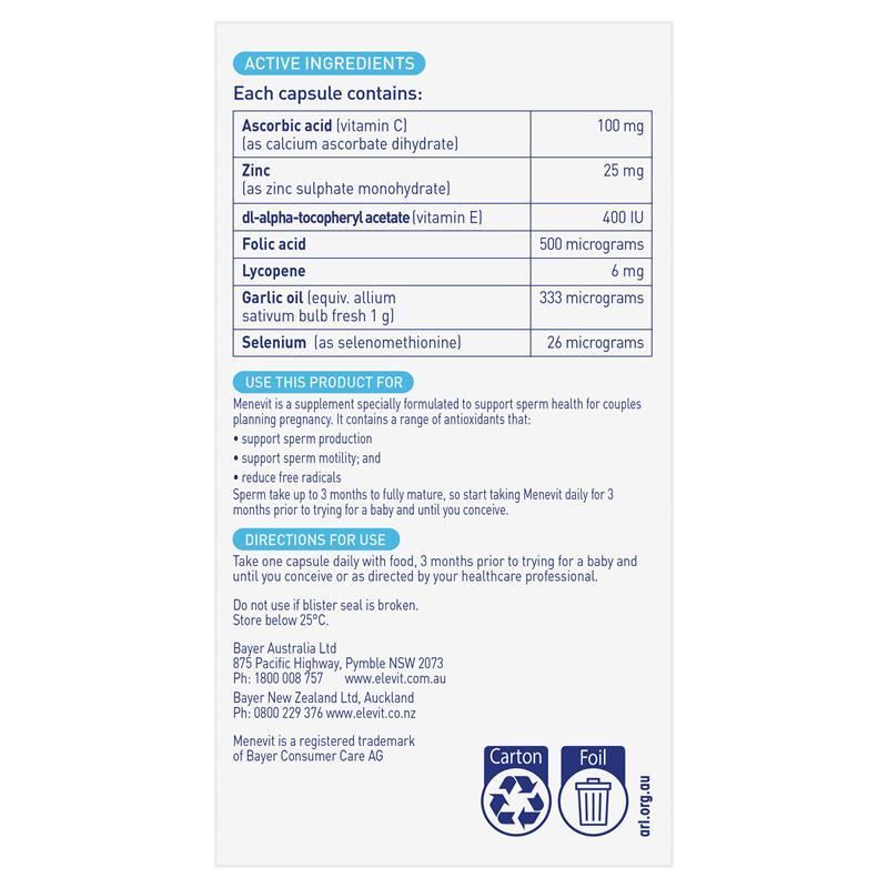 Buy Menevit Pre-Conception Sperm Health 30 Capsules online at Chemist ...
