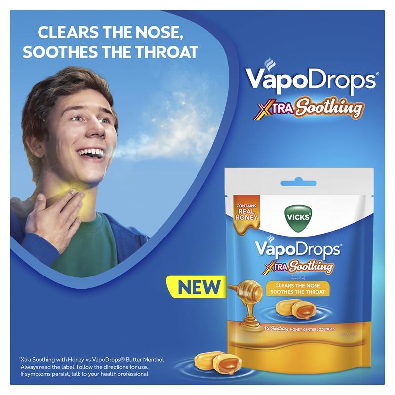 Buy Vicks VapoDrops Xtra Soothing Honey Centre Lozenges 16 Pack online ...