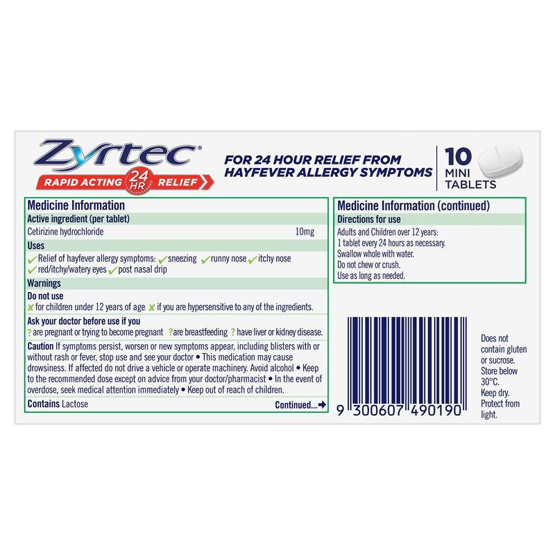 Buy Zyrtec 10mg 10 Tablets online at Chemist Warehouse