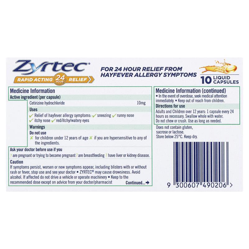 Buy Zyrtec Liquid Capsules 10 online at Chemist Warehouse