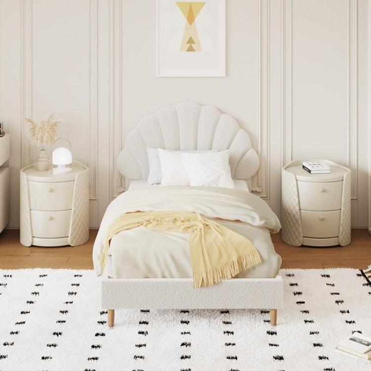 Buy Oikiture Bed Frame Single Size Scallop-Shape Bedhead Boucle White ...