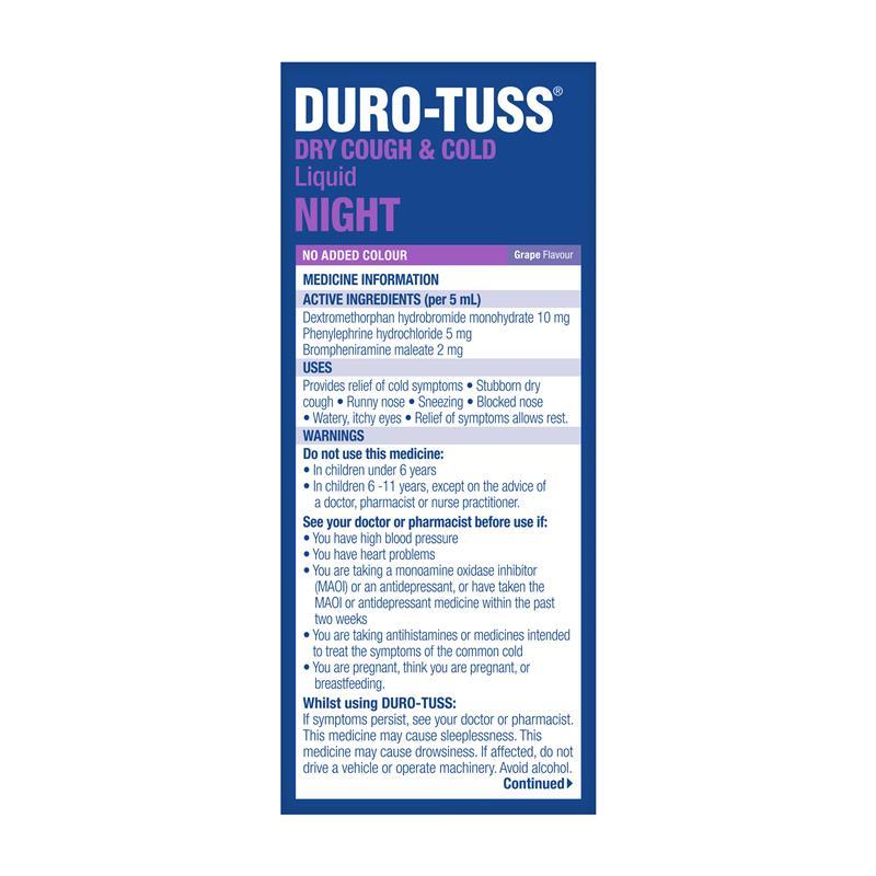Buy Durotuss Dry Cough & Cold Liquid Night 200ml online at Chemist ...