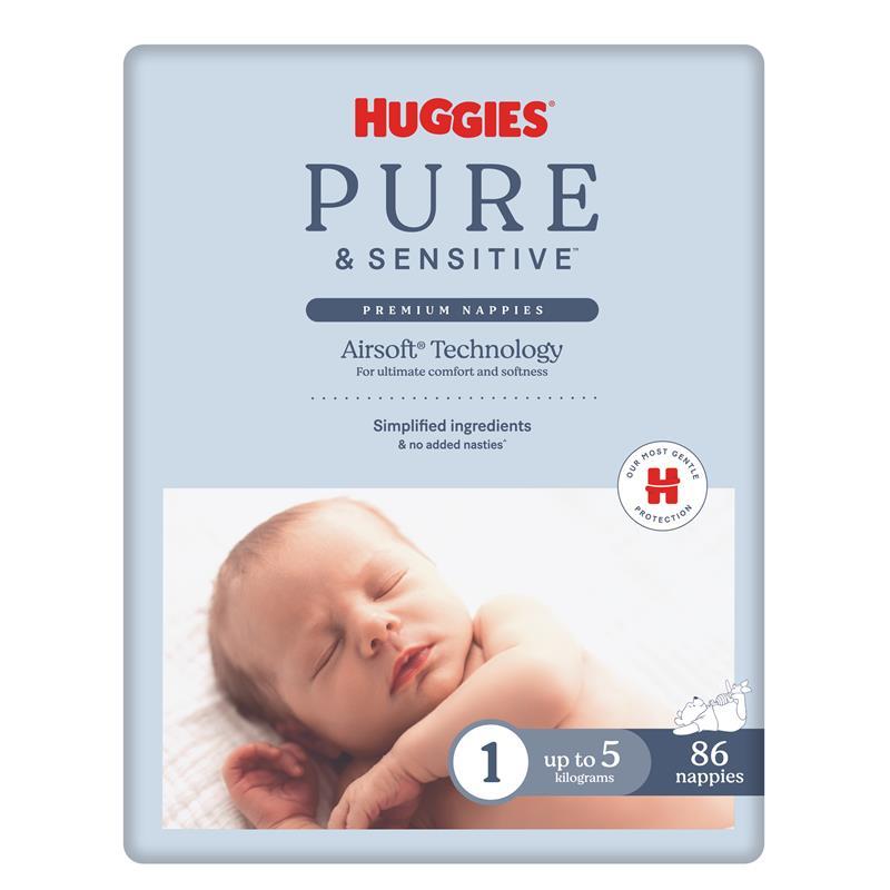 Buy Huggies Pure and Sensitive Nappies Size 1 (Up To 5Kg) 86 Pack ...