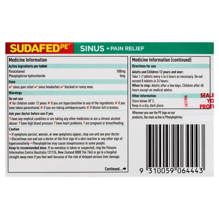 Buy Sudafed PE Sinus + Pain Relief Tablets 48 Pack online at Chemist ...