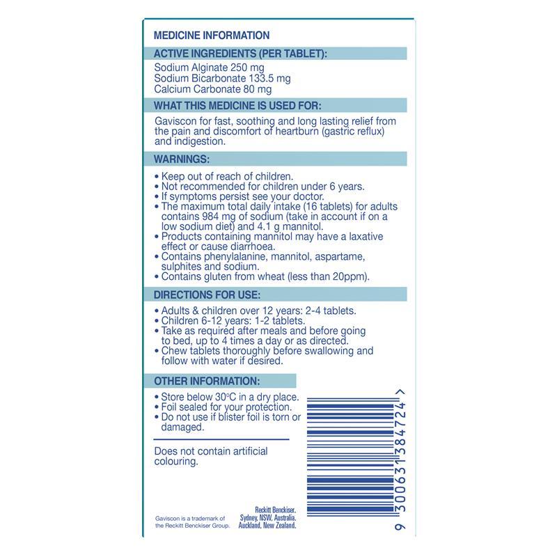 Buy Gaviscon Chewable Tablets Peppermint Heartburn & Indigestion Relief ...
