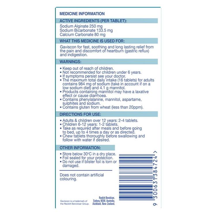 Buy Gaviscon Chewable Tablets Peppermint Heartburn & Indigestion Relief ...
