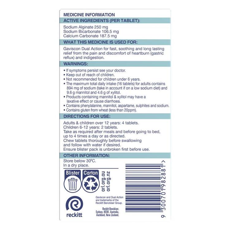 Buy Gaviscon Dual Action Chewable Tablets Peppermint Heartburn ...
