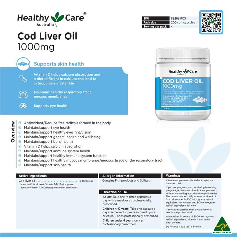 Buy Healthy Care Cod Liver Oil 1000mg 200 Softgel Capsules online at ...