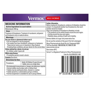 Buy Vermox Worming Treatment Orange Tablets 6 Tablets online at Chemist ...