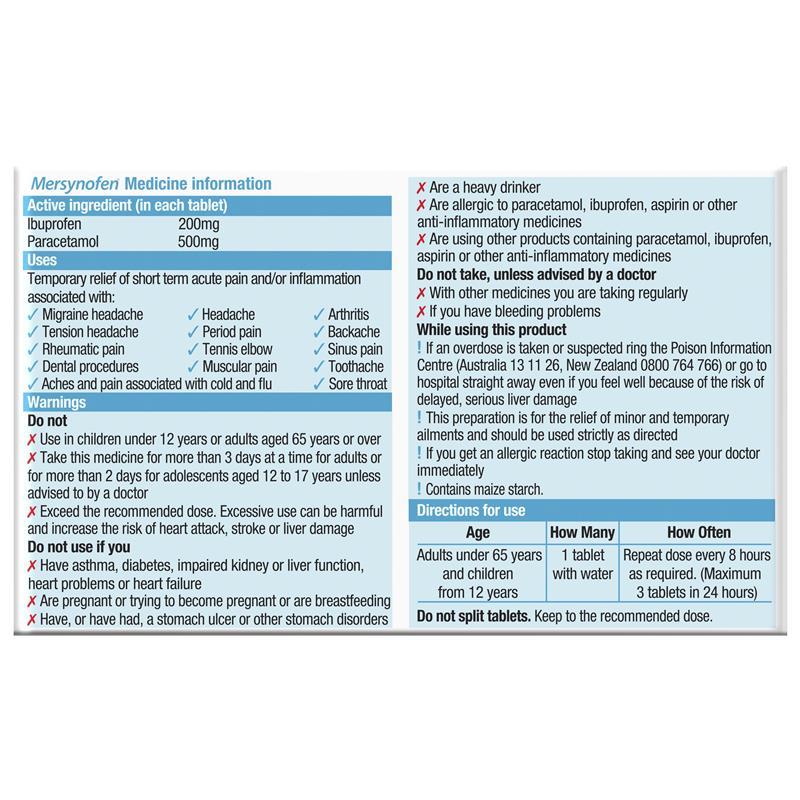 Buy Mersynofen Pain Relief Tablets with Paracetamol + Ibuprofen 12 Pack ...