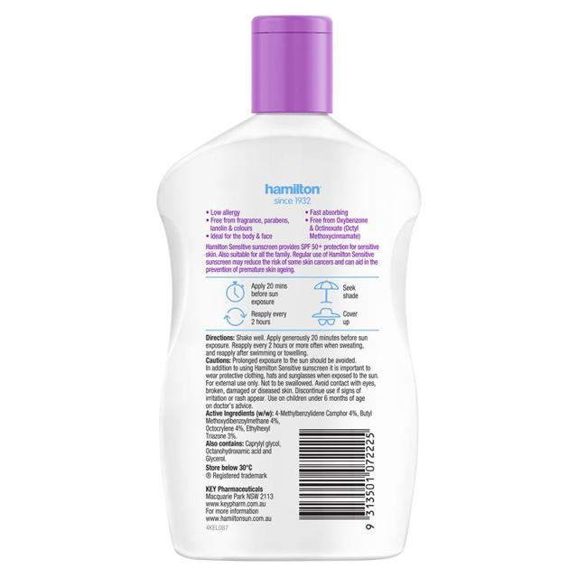 Buy Hamilton Sun SPF 50+ Sensitive Lotion 265ml online at Chemist Warehouse
