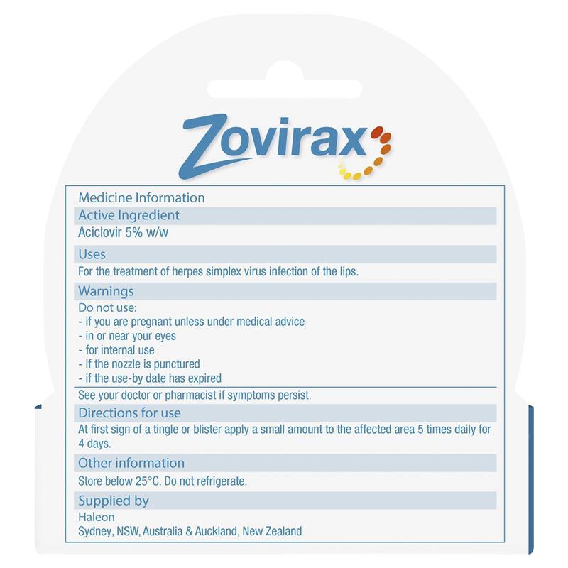 Buy Zovirax Cold Sore Cream Tube 2g online at Chemist Warehouse